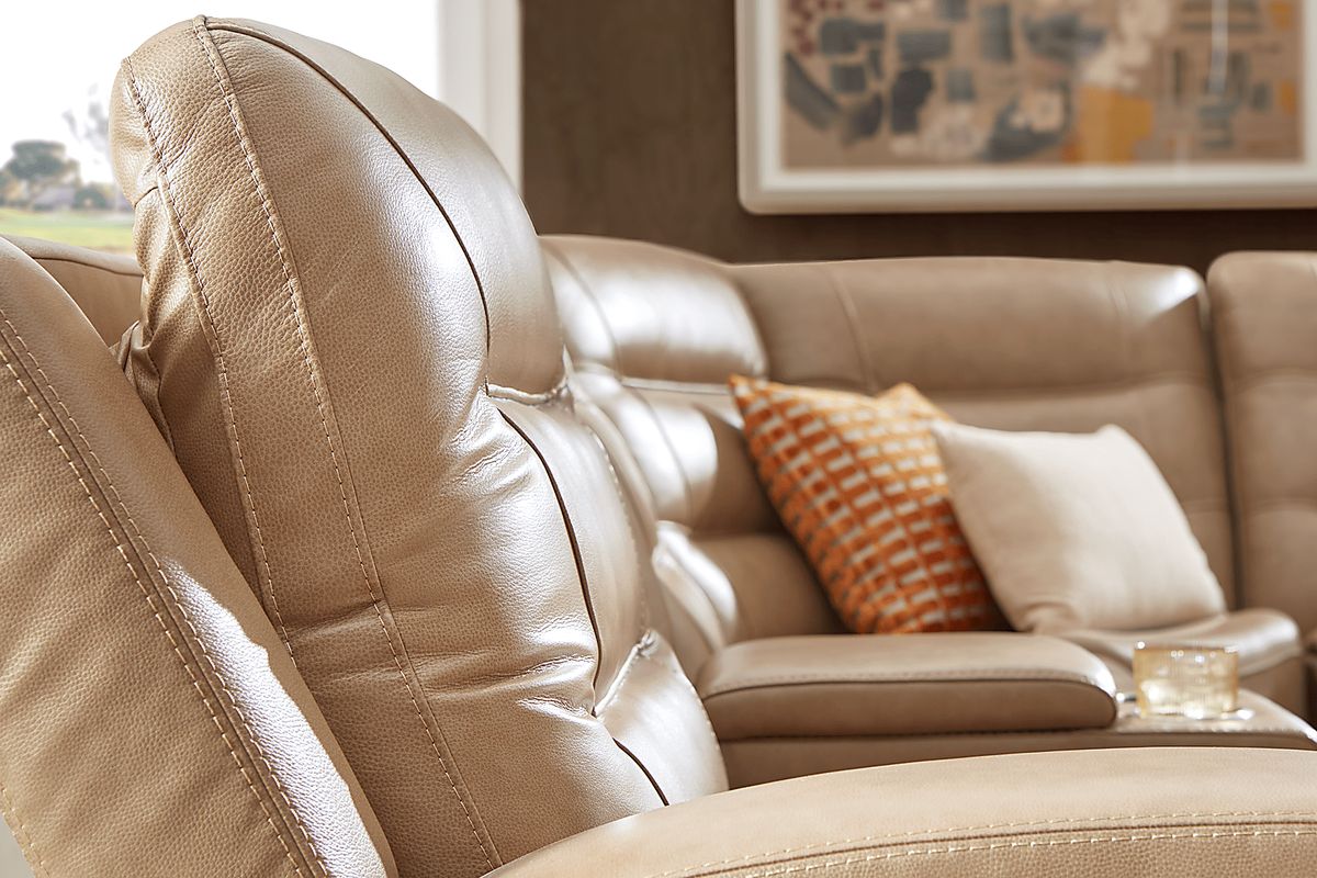 Montero Sand Beige Leather 7pc 7 Pc Dual Power Reclining Sectional ...