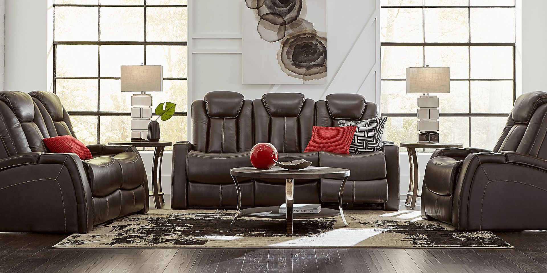 Moretti 6 Pc Brown Leather Dual Power Reclining Living Room Set With Power Reclining Sofa Stationary Loveseat Power Recliner 3 Pc Table Set Rooms to Go