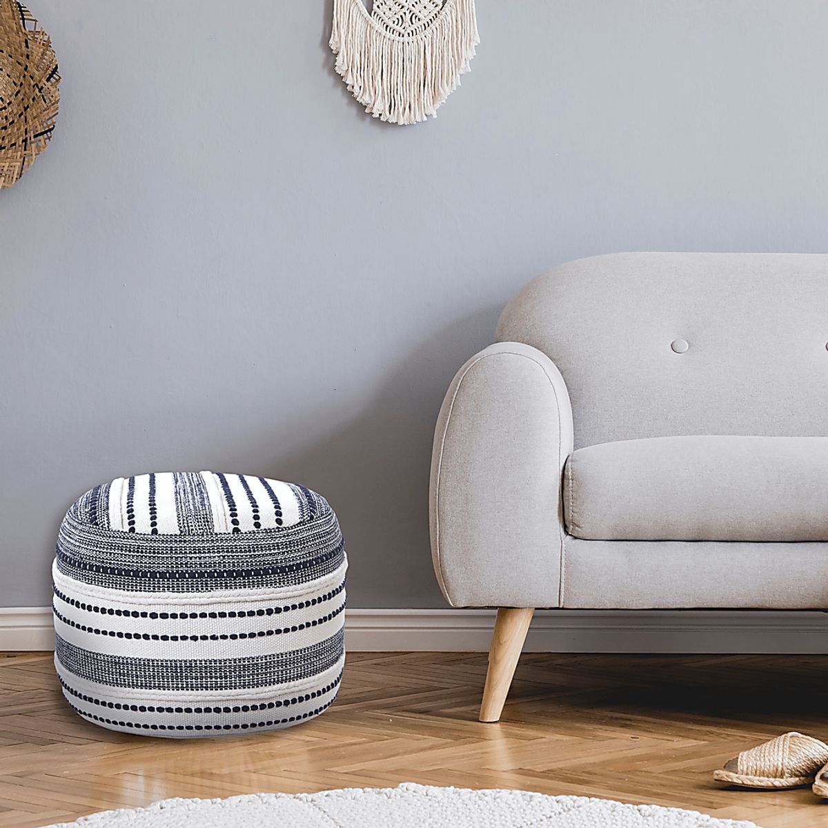 Mursili Ivory,Navy Beige,Blue Cotton Fabric Poufs | Rooms to Go