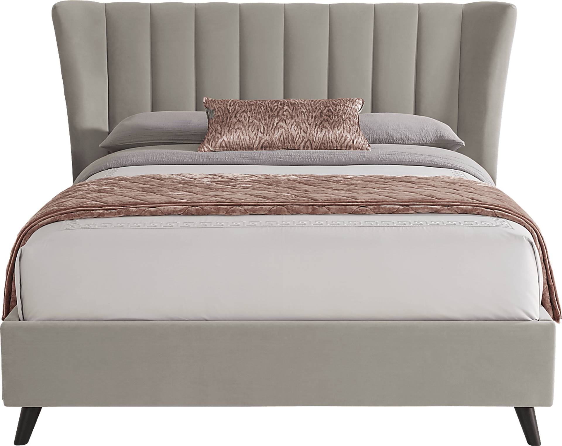 Devon Loft 5 Pc Walnut Dark Wood Gray Velvet Plush Queen Bedroom Set ...