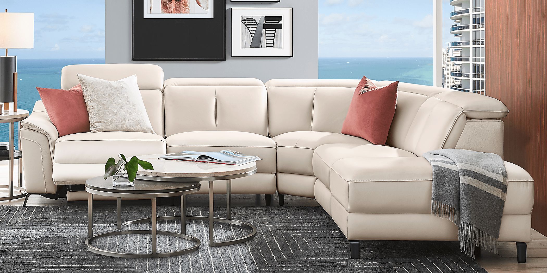 Naples Ivory Beige Leather 5 Pc Dual Power Reclining Sectional - Rooms ...