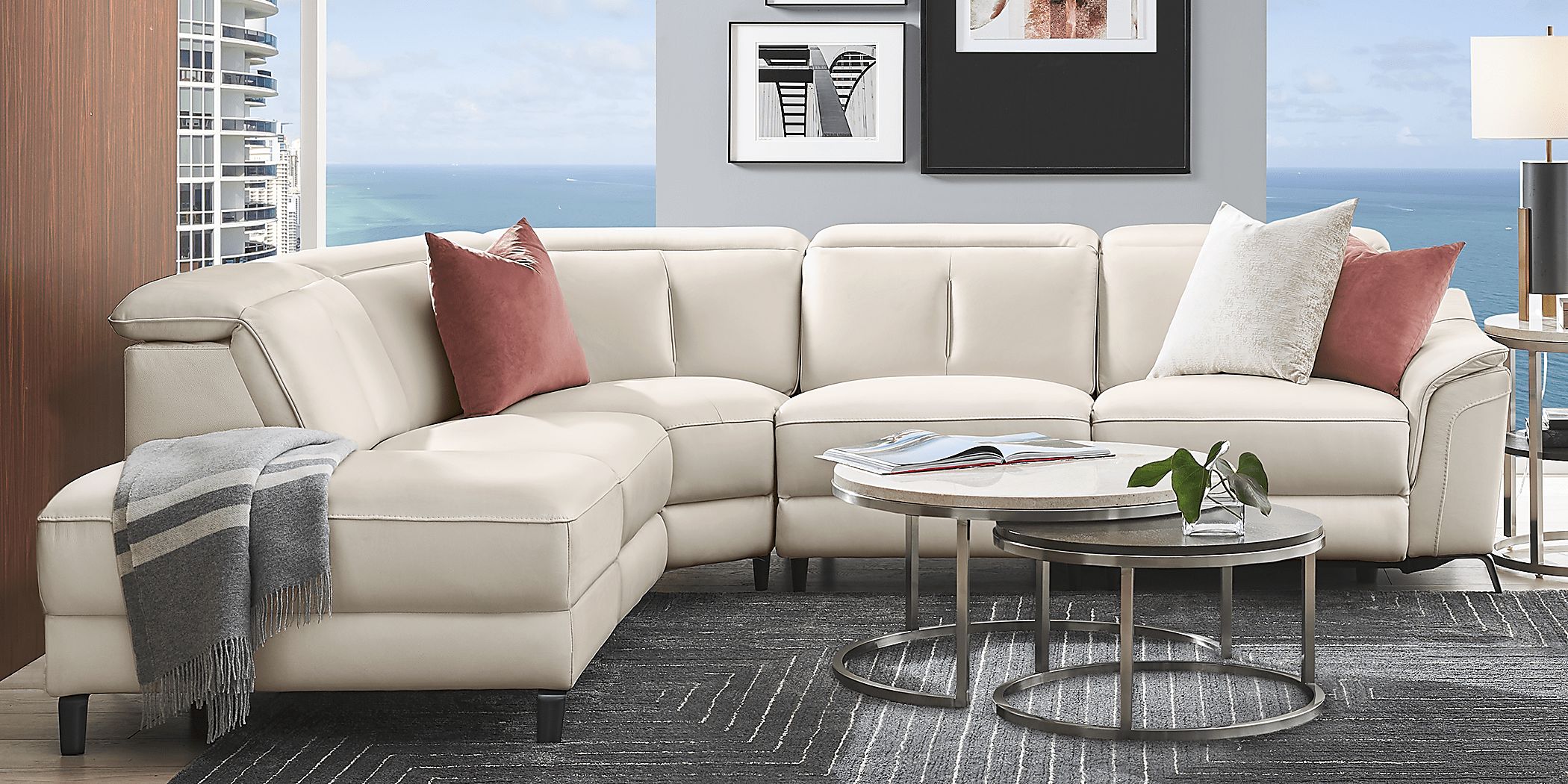 Naples Ivory Beige Leather 5 Pc Dual Power Reclining Sectional | Rooms ...