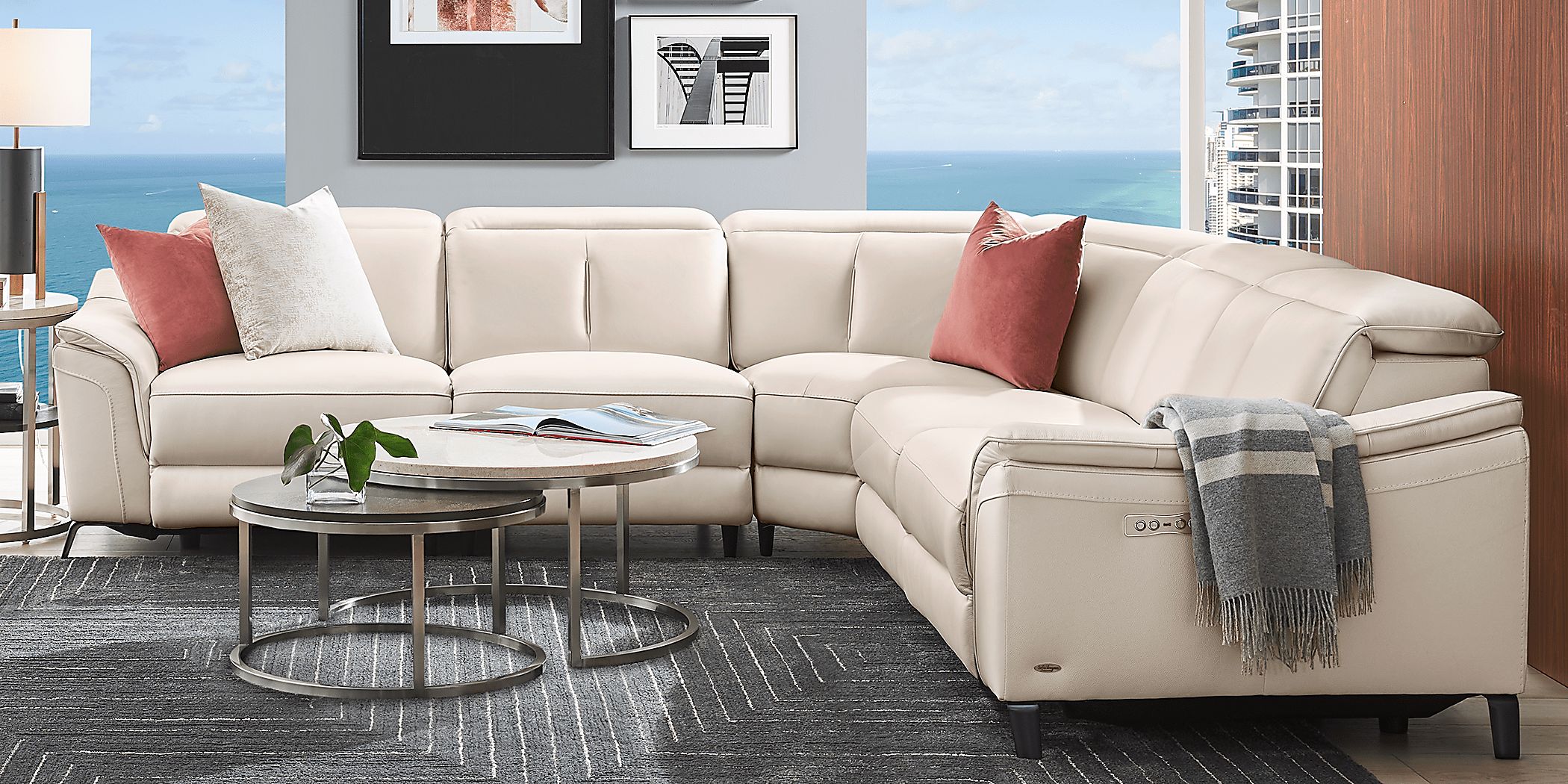 Naples Ivory Beige Leather 5 Pc Dual Power Reclining Sectional | Rooms ...