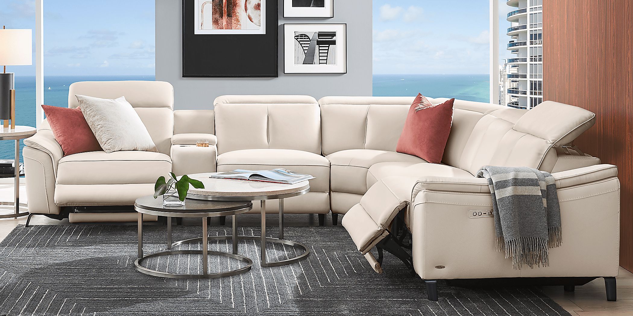 Naples Ivory Beige Leather 6 Pc Dual Power Reclining Sectional | Rooms ...