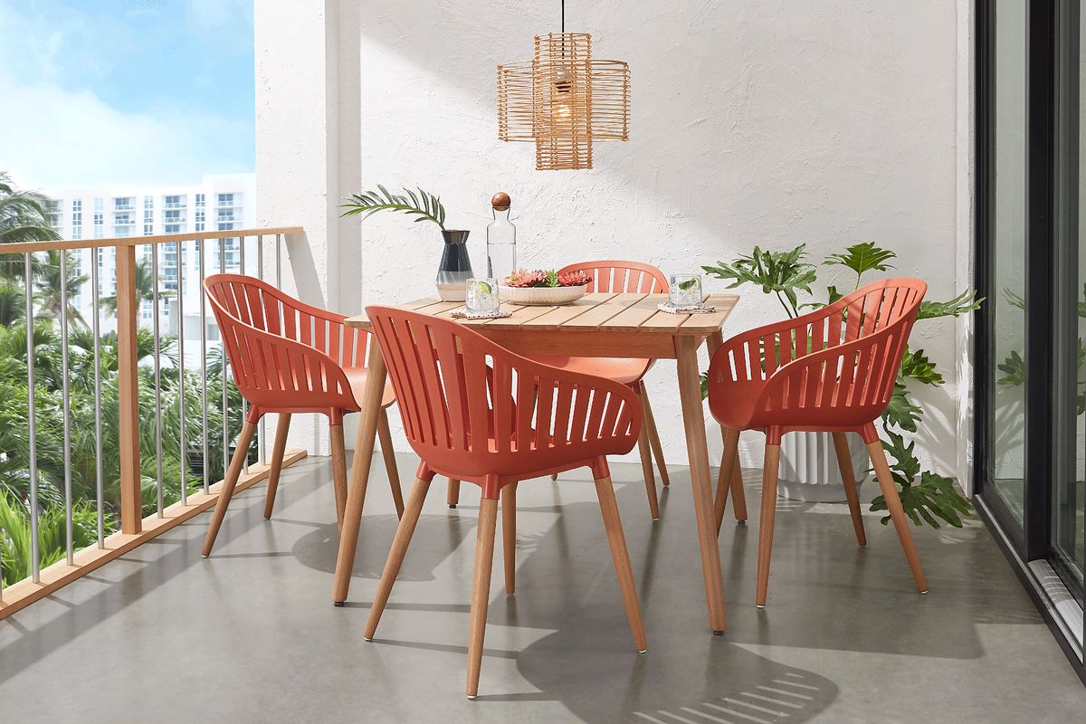 Nassau 5 Pc Light Wood Fruitwood Orange Orange,Red Outdoor Dining Set ...