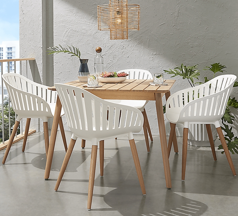 Nassau 5 Pc Light Wood Fruitwood White Outdoor Dining Set With Side ...