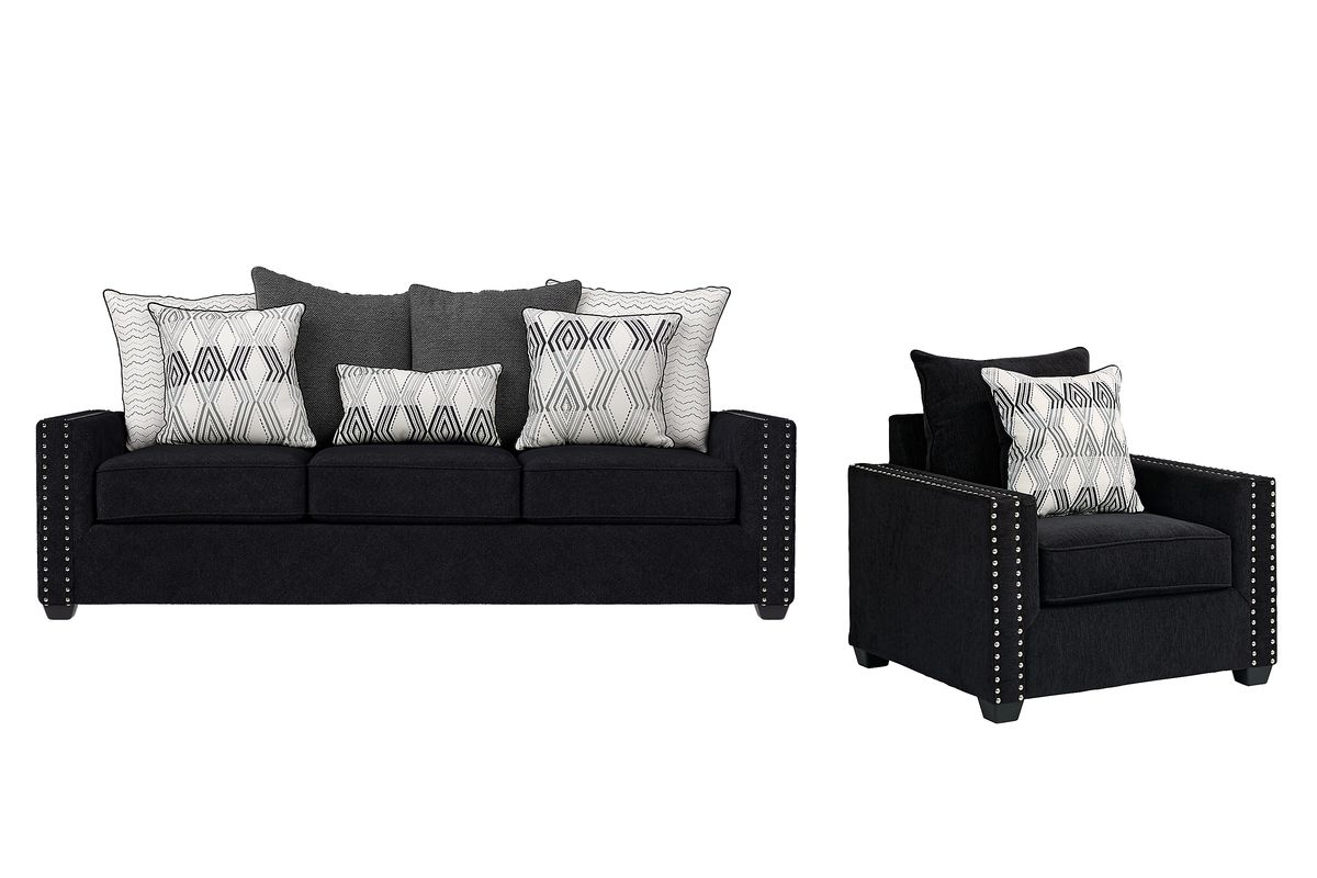 Natalia 2 Pc Black Polyester Fabric Living Room Set With Sofa, Chair ...