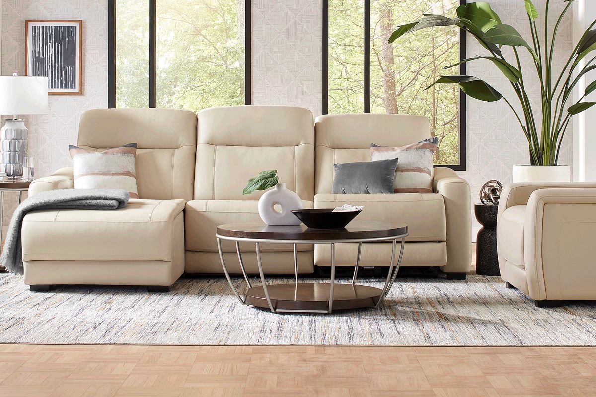 Drew & Jonathan Newport Almond Beige Leather 3 Pc With Chaise Left Dual ...