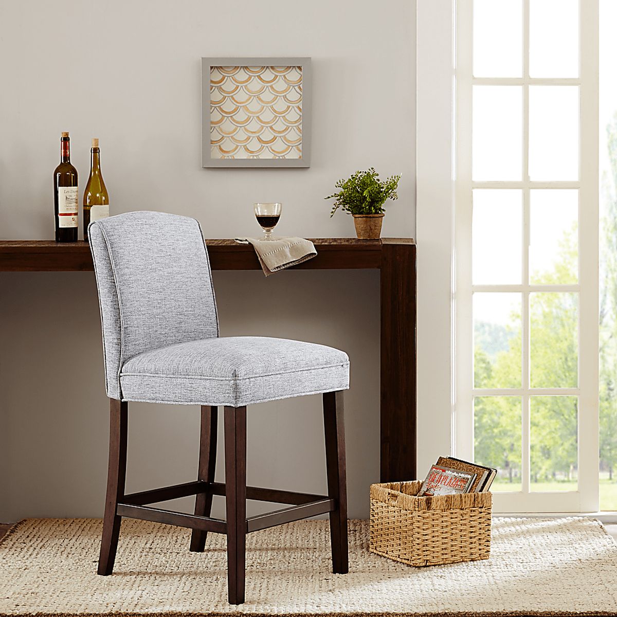 Neyland Espresso Dark Wood Gray Counter Height Stool | Rooms to Go