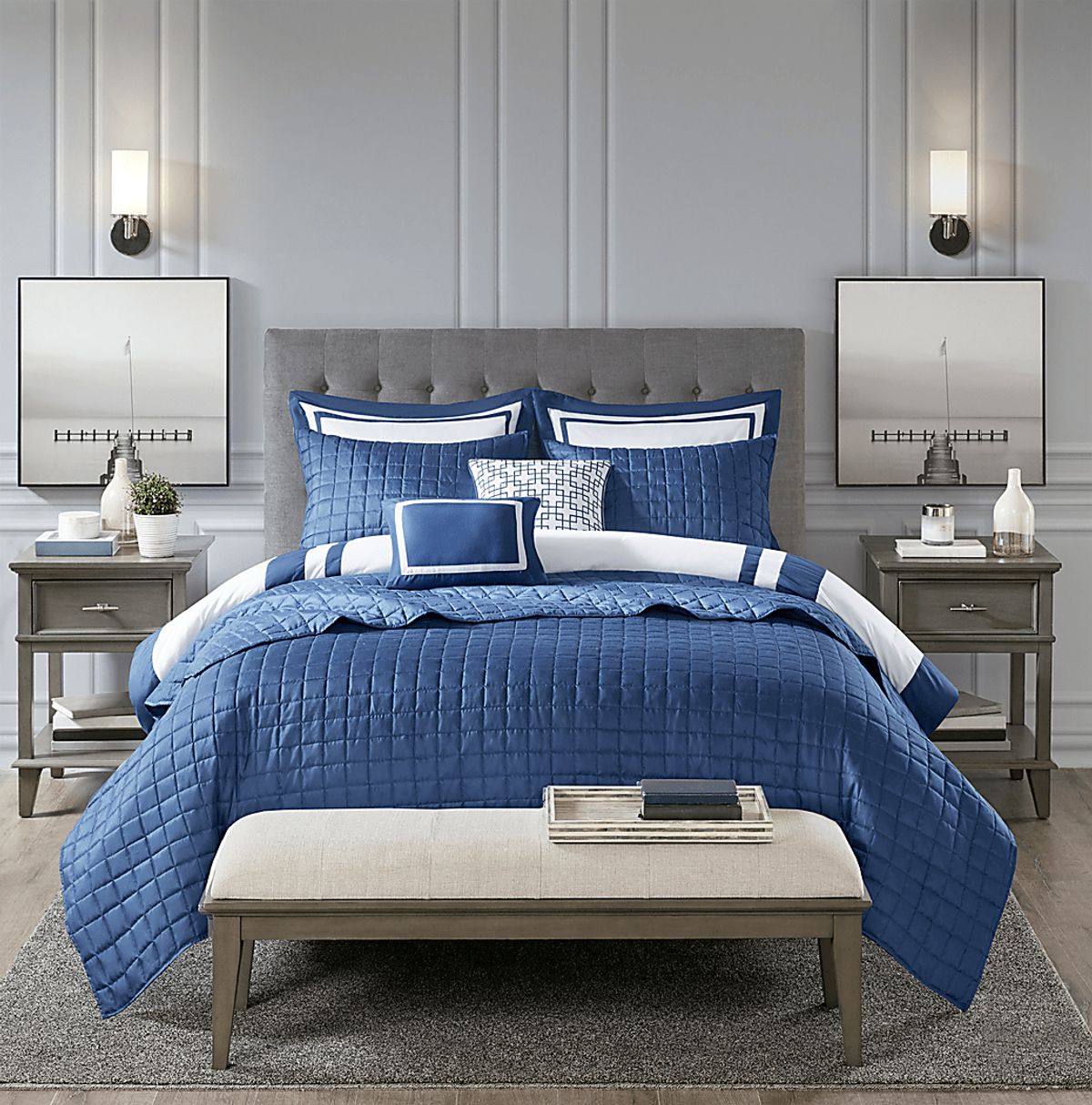 Noemy Navy Blue 8 Pc Queen Coverlet Set | Rooms to Go