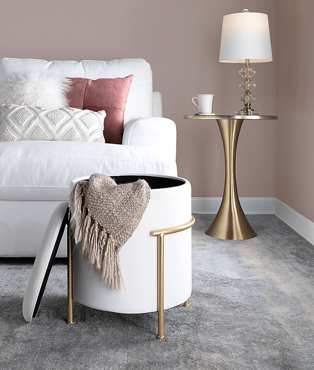 Notlee Cream Beige Velvet Plush Ottoman | Rooms to Go