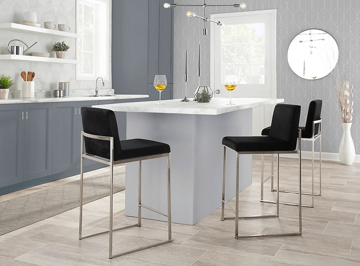 Nowotny IV Chrome Metal Black Velvet Plush Counter Height Stool, Set Of ...