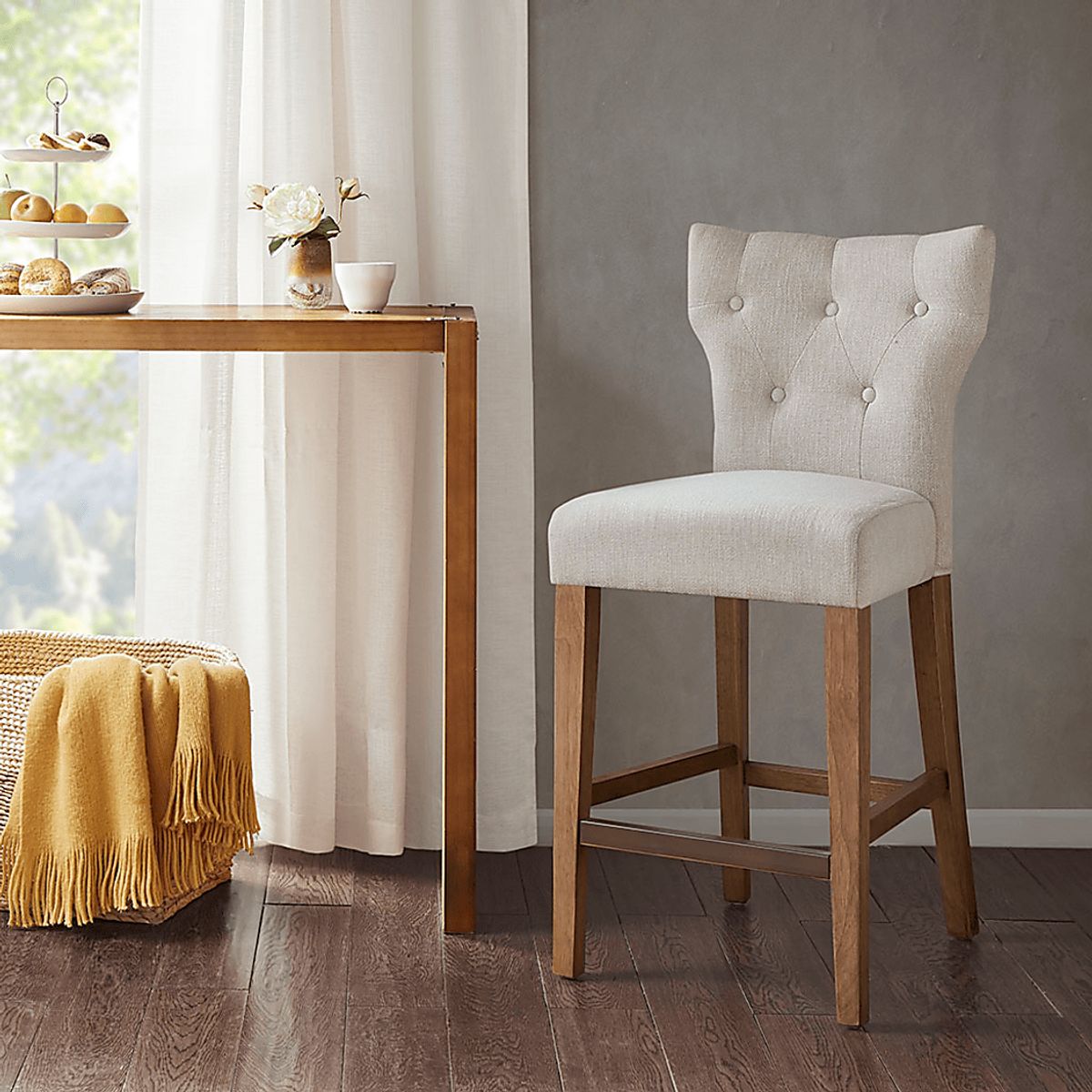 Oakendell Brown Dark Wood Cream Beige Counter Height Stool | Rooms to Go