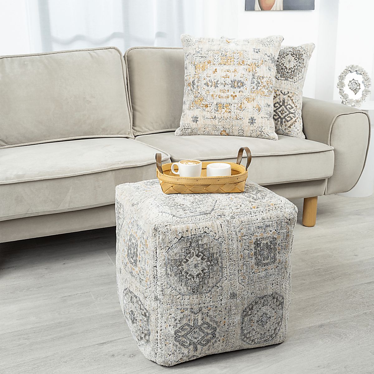 Obasie Light Gray Pouf | Rooms to Go