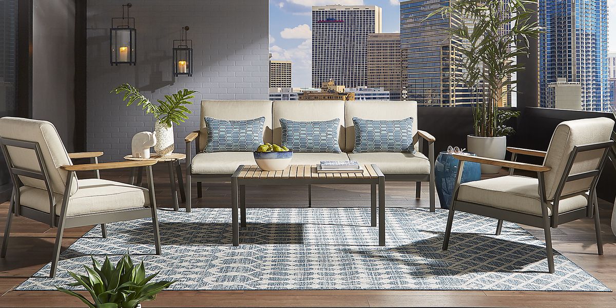 Ocean Tide 4 Pc Gray Beige Aluminum Outdoor Seating Set - Rooms To Go