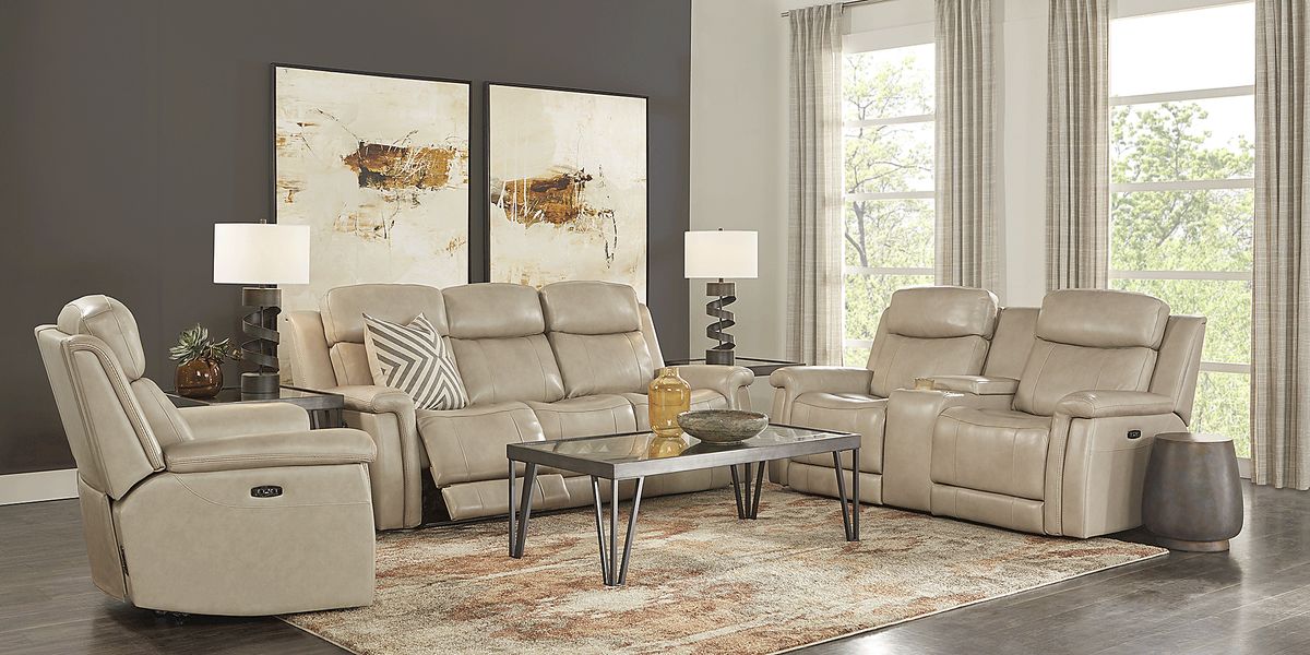Orsini 8 Pc Beige Leather Dual Power Reclining Living Room Set With ...