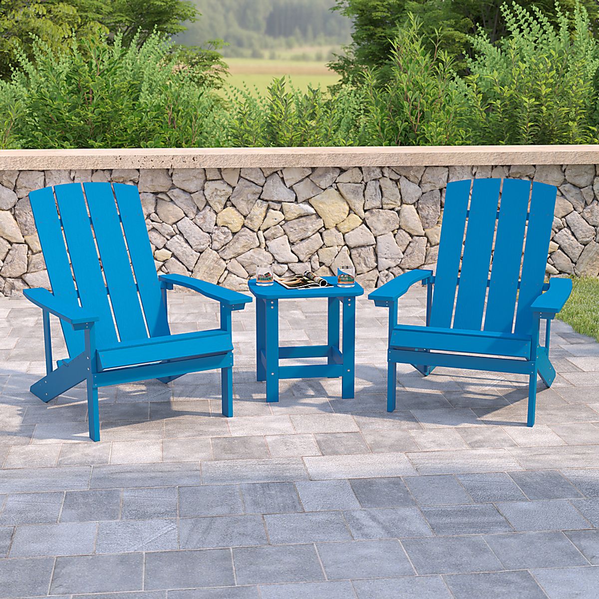Charleslynn Blue Outdoor Adirondack Chairs And Side Table | Rooms to Go