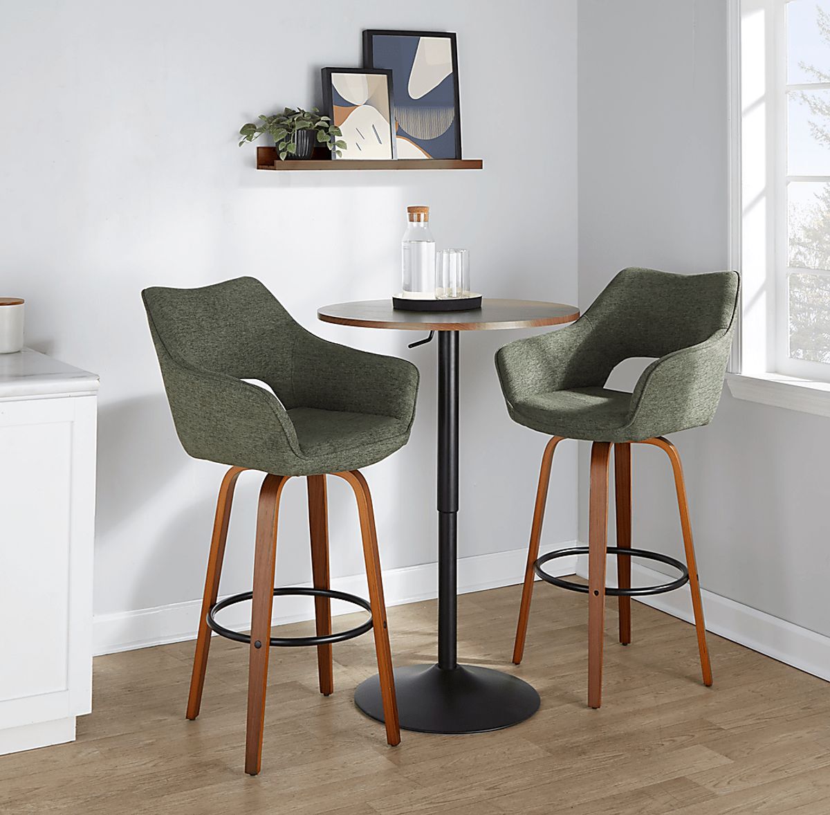 Ovur II Walnut Dark Wood Green Polyester Fabric Barstool, Set Of 2 ...