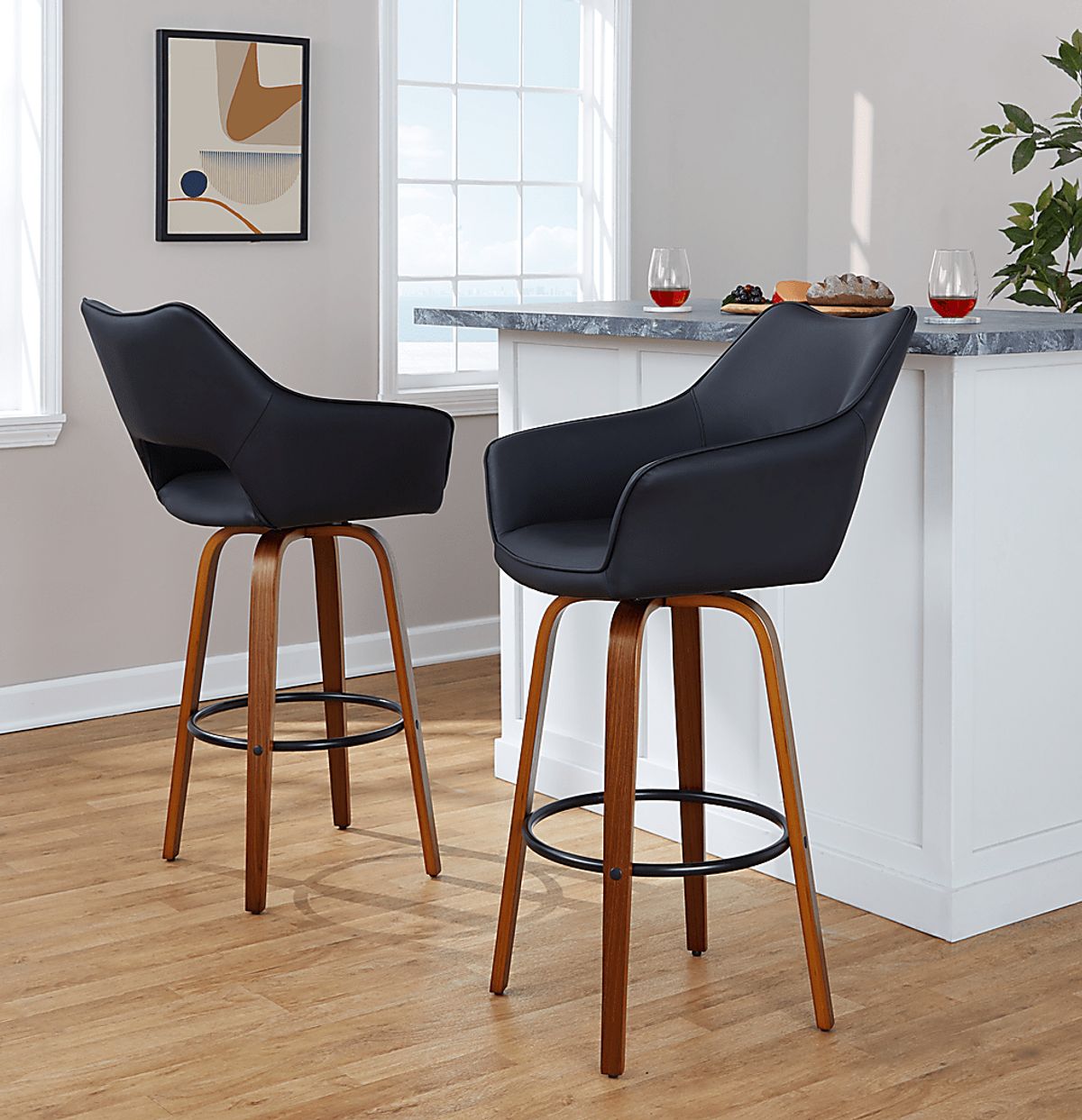 Ovur IV Walnut Dark Wood Black Polyurethane Fabric Barstool, Set Of 2 ...