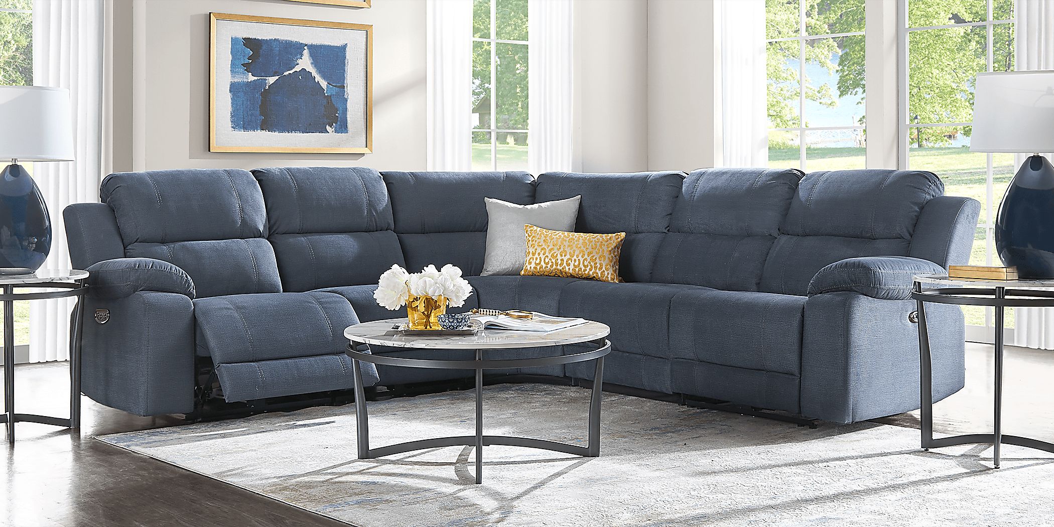Palmer Point Blue Polyester Fabric 5 Pc Dual Power Reclining Sectional ...