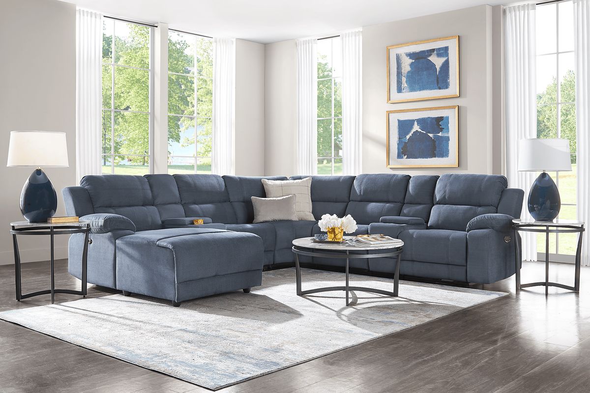 Palmer Point Blue Polyester Fabric 7 Pc Dual Power Reclining Sectional ...