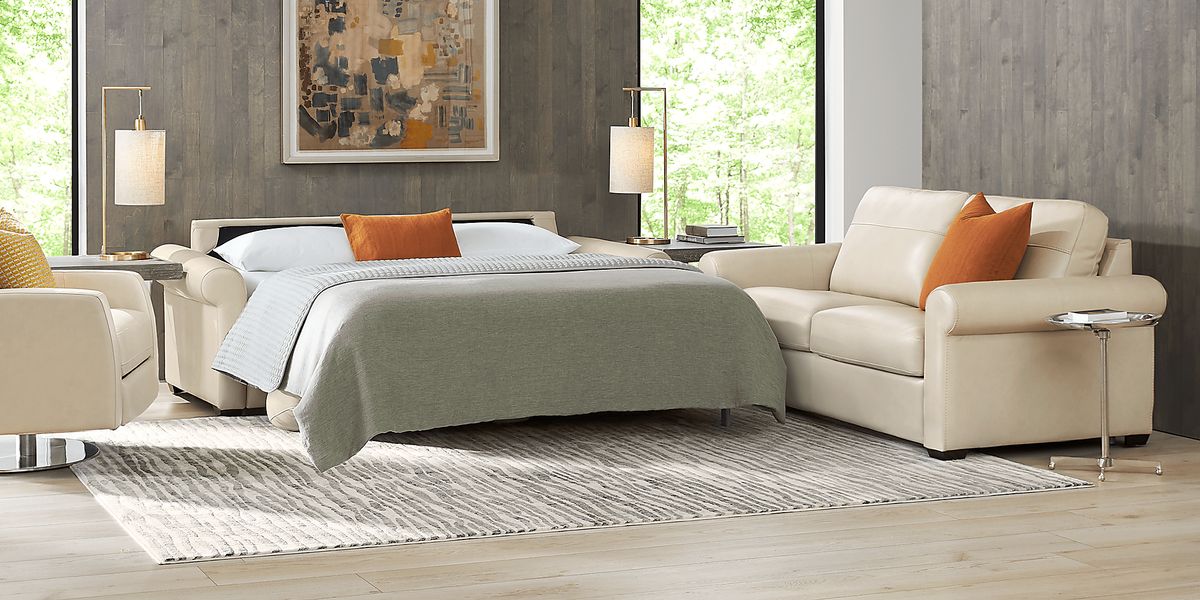 Parker Cream Beige Leather Sleeper Sofa With Roll Arms | Rooms to Go