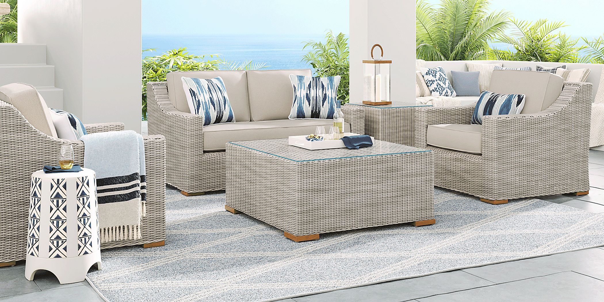 Patmos 4 Pc Gray Linen Beige Wicker Outdoor Seating Set With Loveseat ...