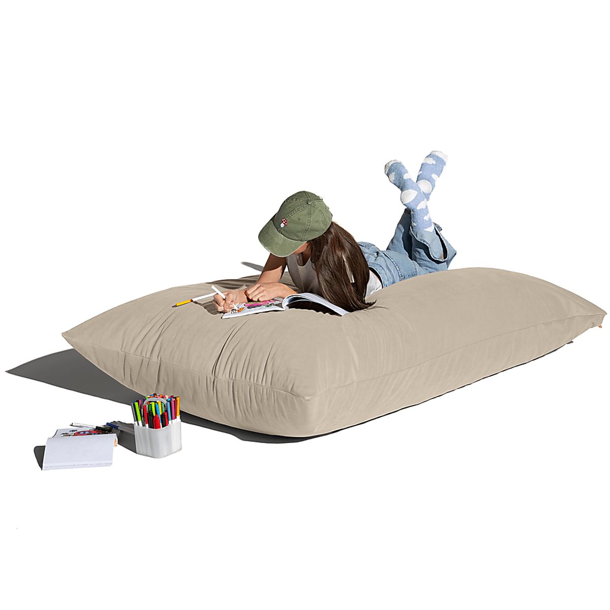 Pheosi II Ivory Beige Velvet Plush Bean Bag Chair | Rooms to Go