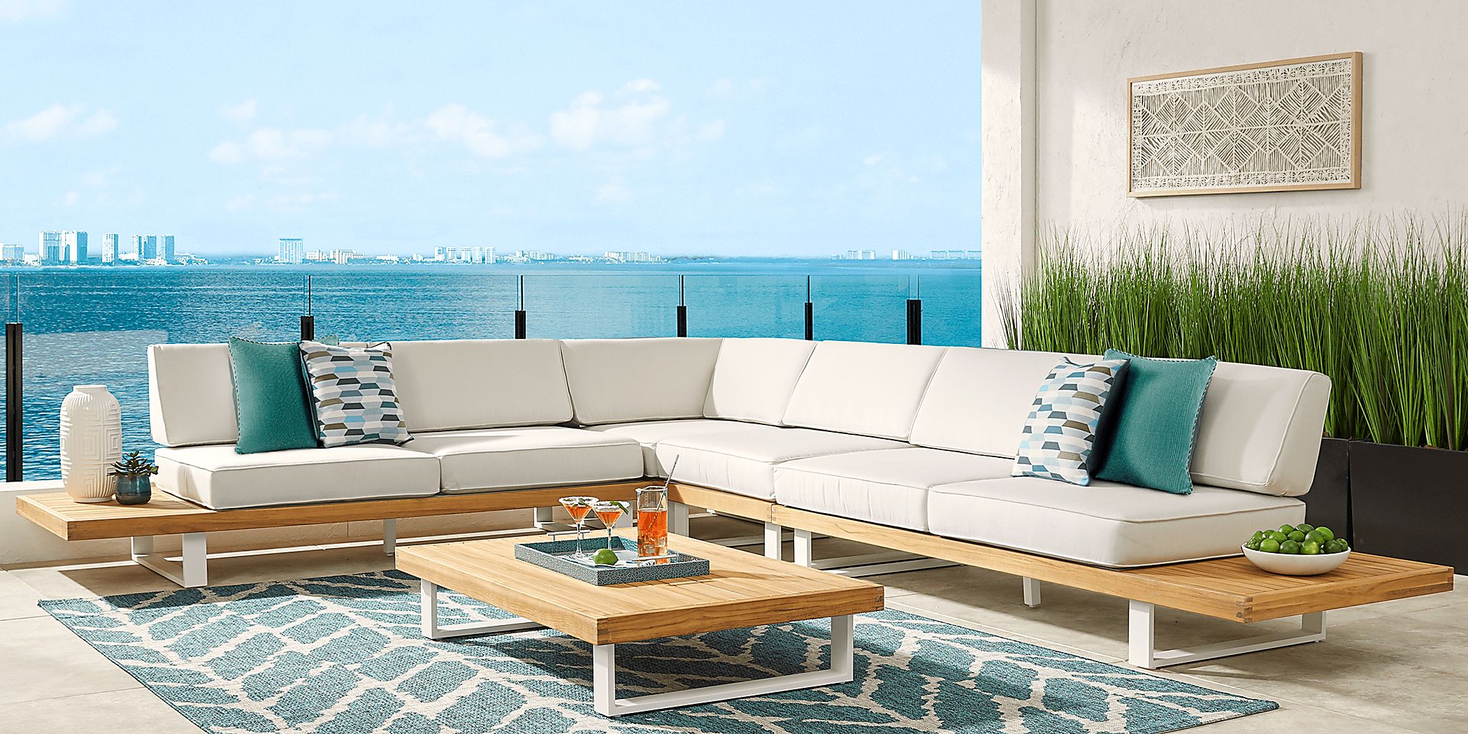 Platform 5 Pc Outdoor Sectional Seating Set with White Sand Cushions ...