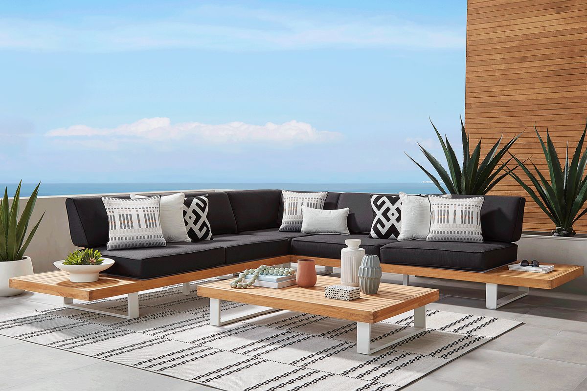 Platform Tan Light Wood Charcoal Black,Gray Teak 3 Pc Outdoor Sectional ...