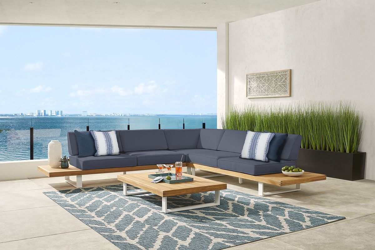 Platform Tan Light Wood Denim Blue Teak Outdoor 3 Pc Sectional | Rooms ...