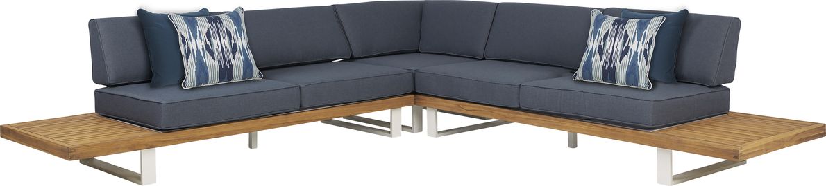 Platform Tan Light Wood Denim Blue Teak Outdoor 3 Pc Sectional - Rooms ...