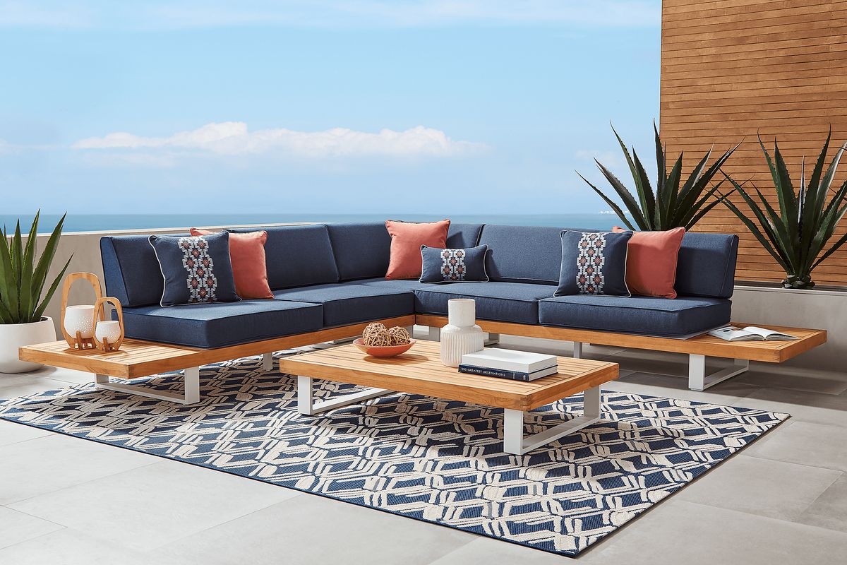 Platform Tan Light Wood Indigo Blue Teak Outdoor 3 Pc Sectional | Rooms ...