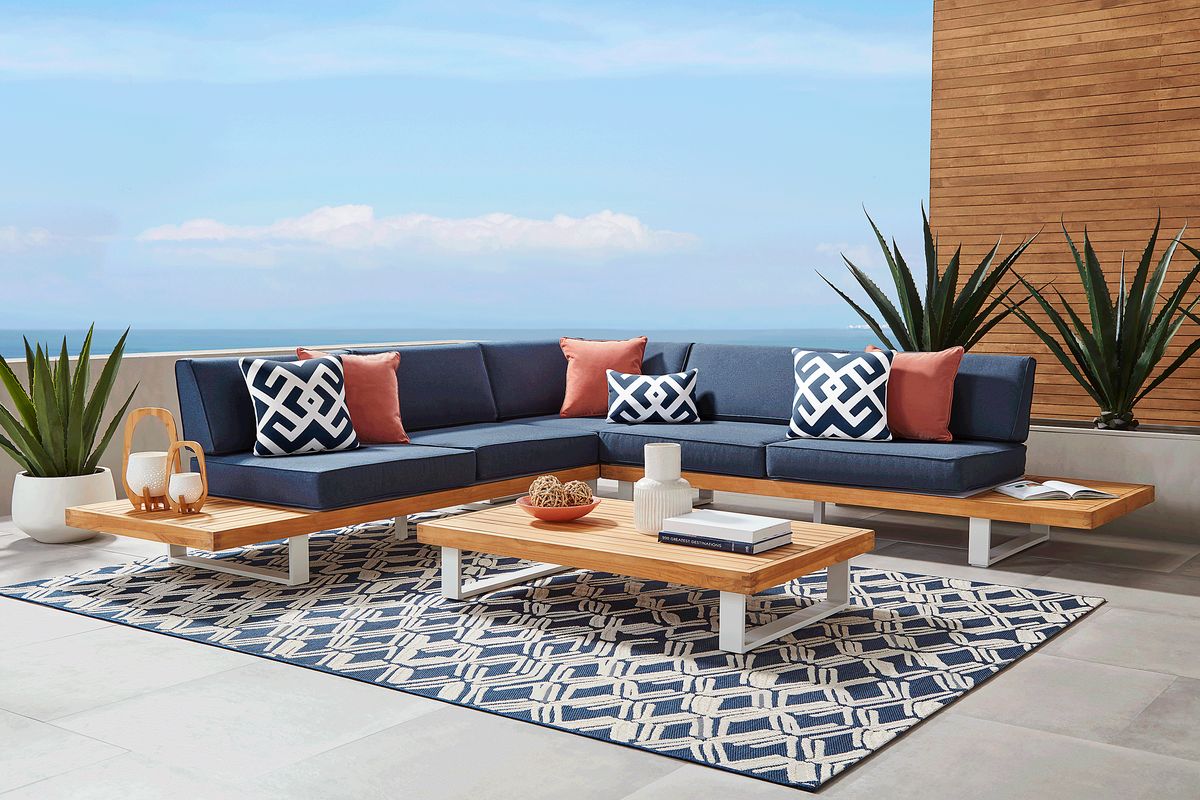 Platform Tan Light Wood Indigo Blue Teak 3 Pc Outdoor Sectional | Rooms ...