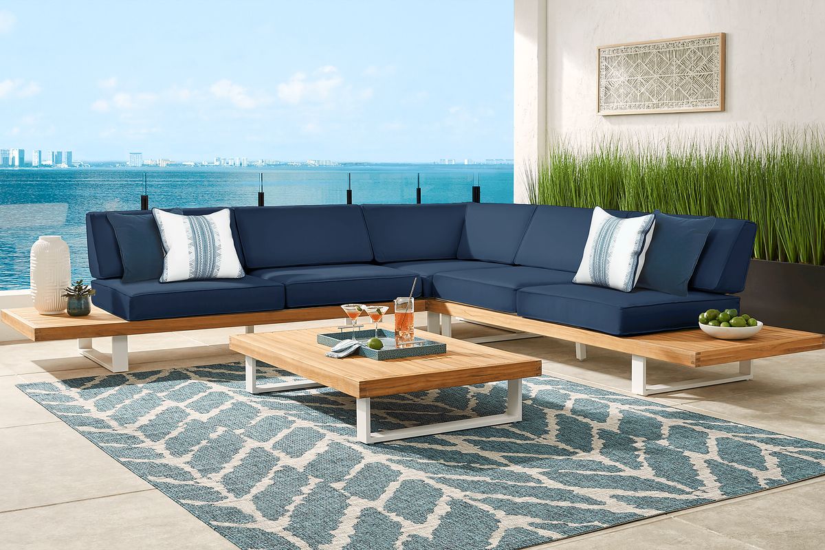 Platform Tan Light Wood Ink Blue Teak Outdoor 3 Pc Sectional | Rooms to Go
