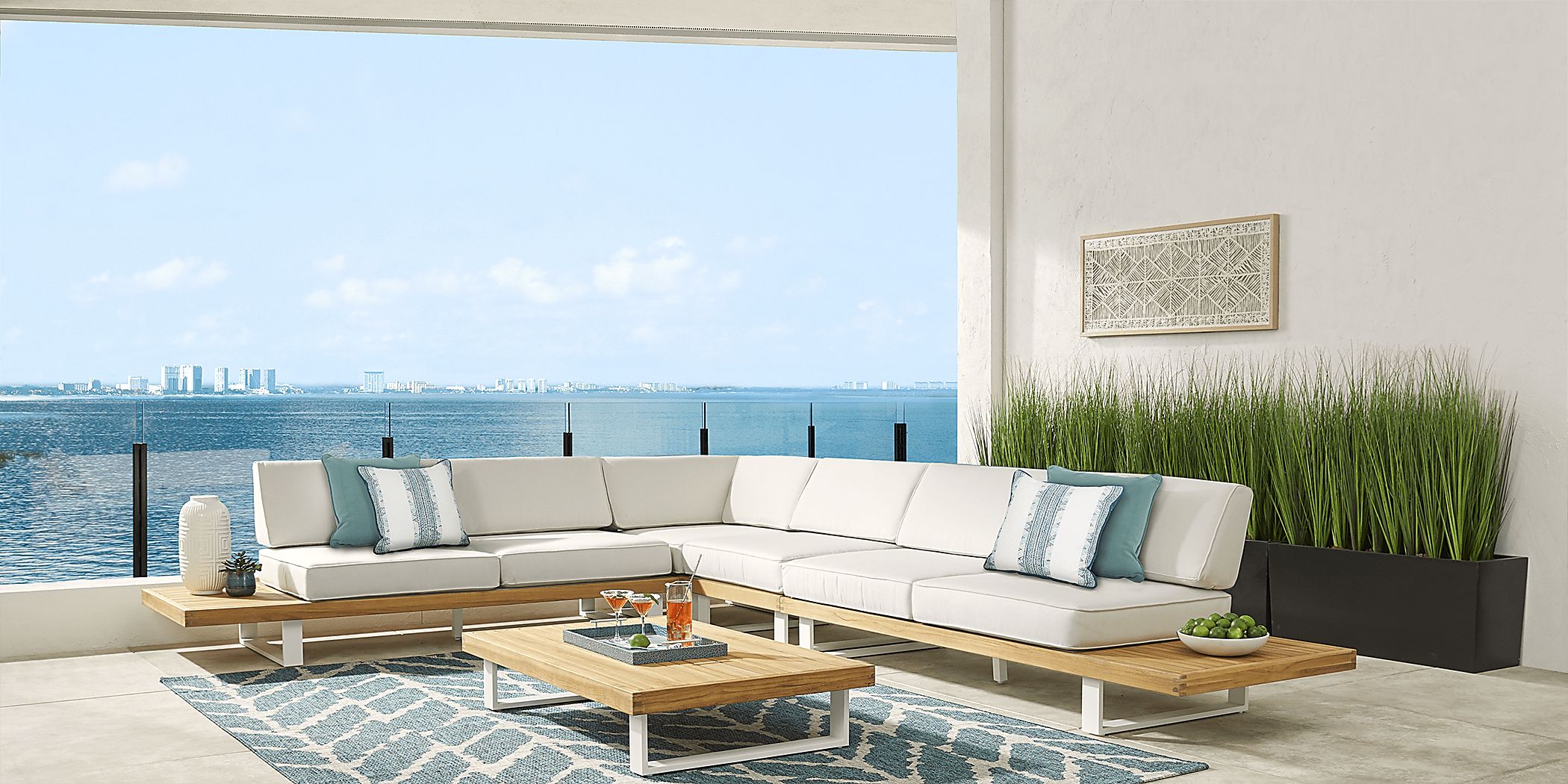 Platform Teak 4 Pc Outdoor Sectional with White Sand Cushions - Rooms To Go