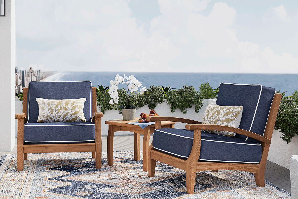 Pleasant Bay 3 Pc Tan Light Wood Indigo Blue Teak Outdoor Seating Set ...