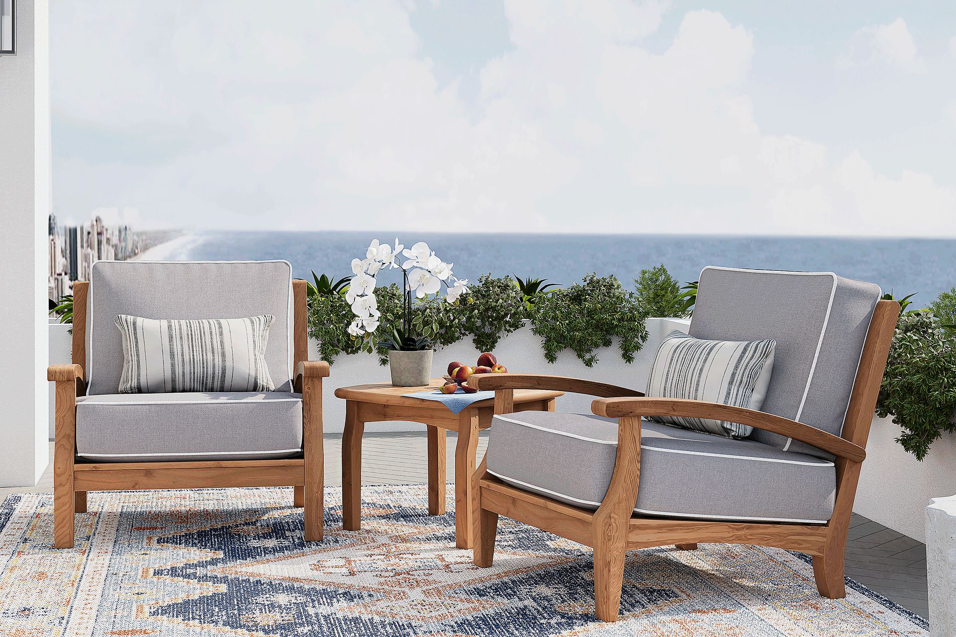 Pleasant Bay 3 Pc Tan Light Wood Pewter Gray Teak Outdoor Seating Set ...