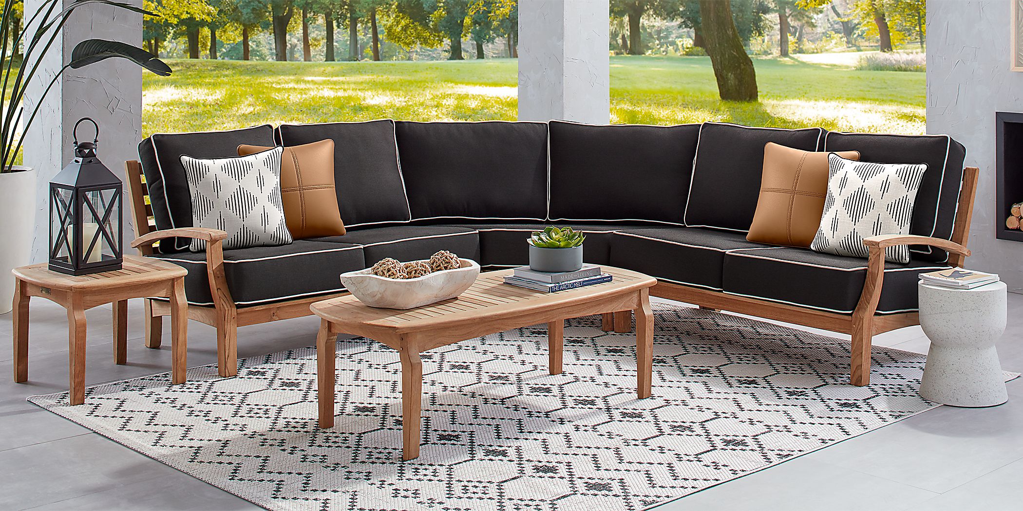 Pleasant Bay Teak 3 Pc Outdoor Sectional with Charcoal Cushions - Rooms ...