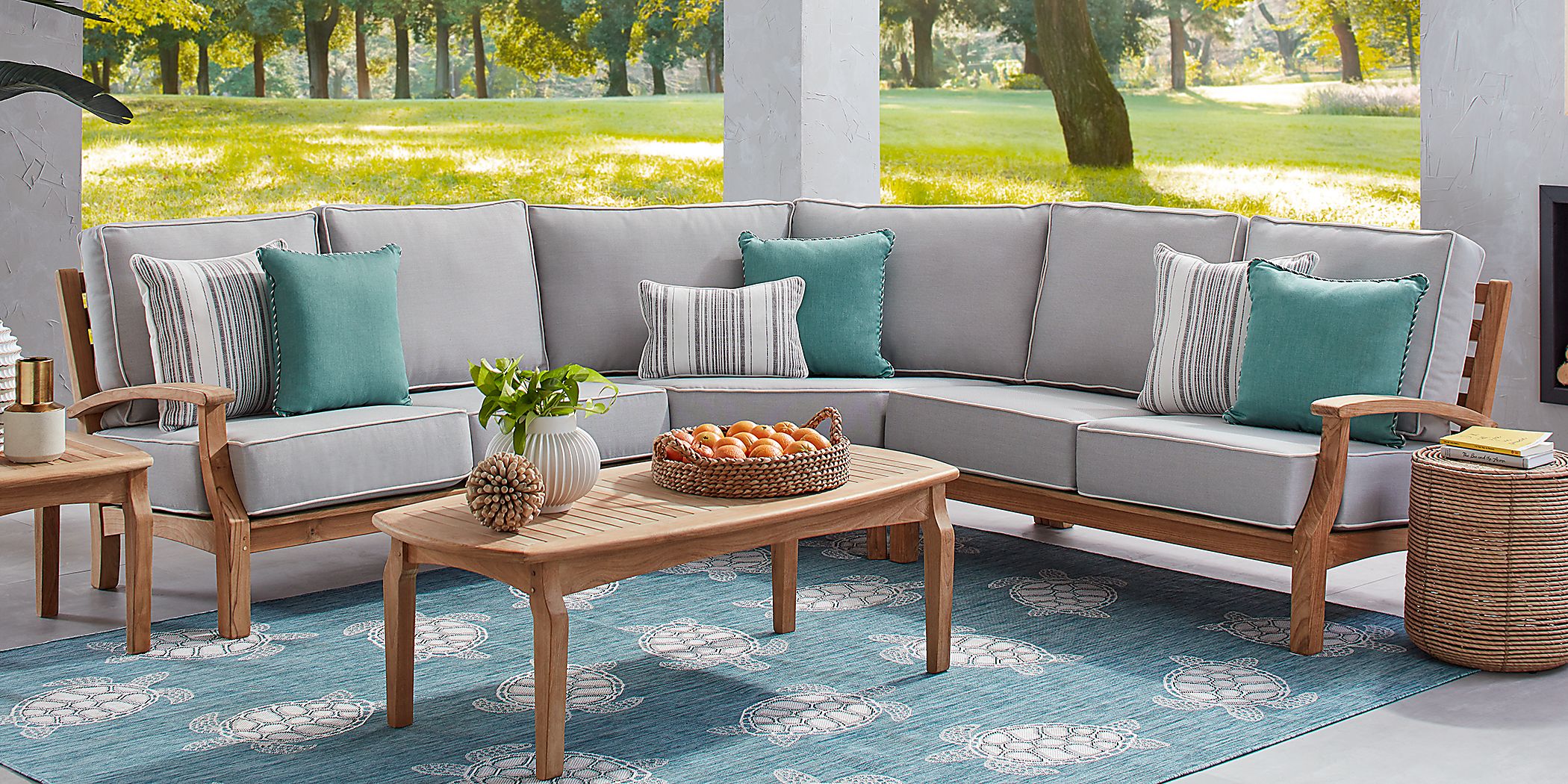 Pleasant Bay Teak 3 Pc Outdoor Sectional with Pewter Cushions - Rooms To Go