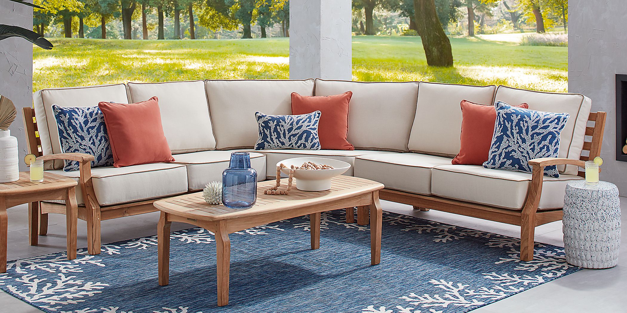 Pleasant Bay Teak 3 Pc Outdoor Sectional with Vapor Cushions - Rooms To Go