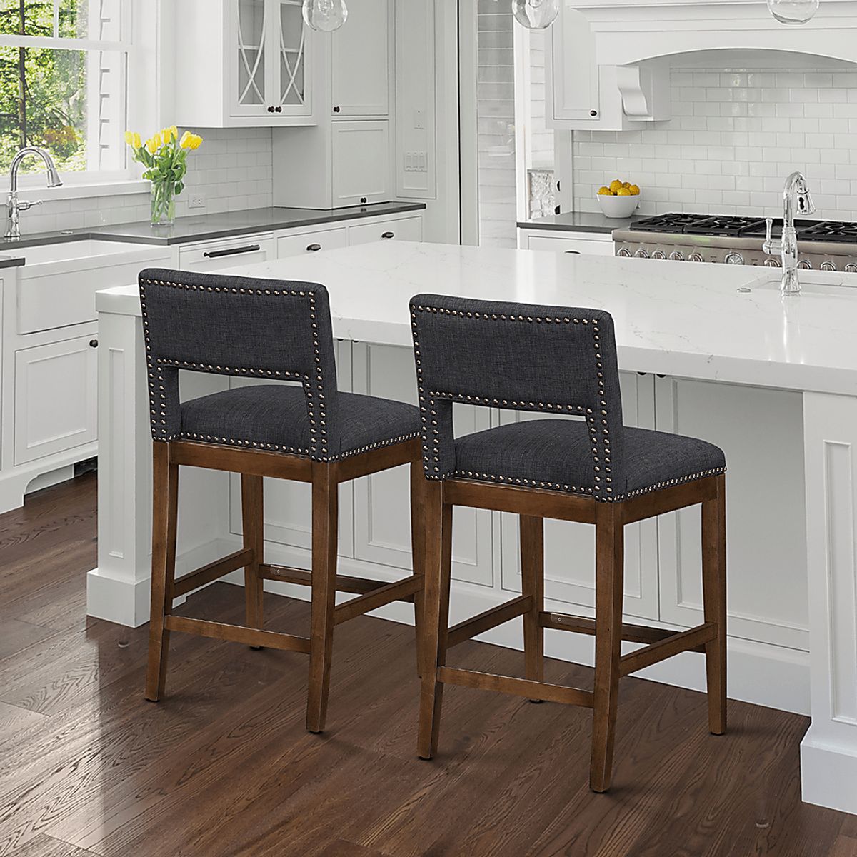 Praro Brown Dark Wood Gray Counter Stool | Rooms to Go