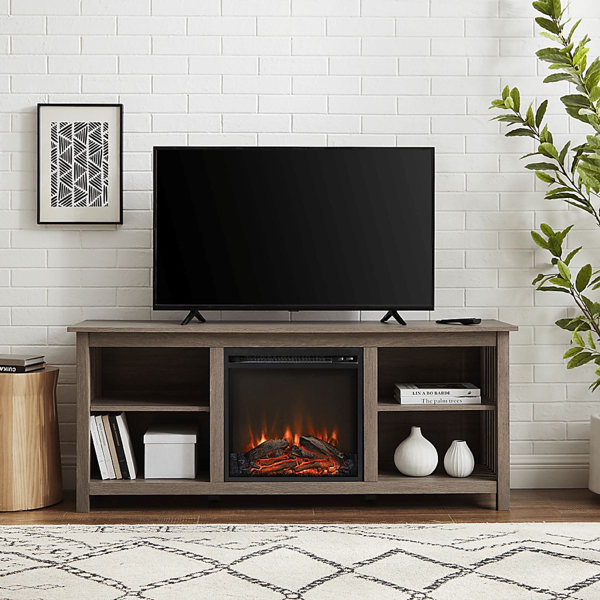 Primwood Driftwood Light Wood 58 in. Console, With Electric Fireplace ...