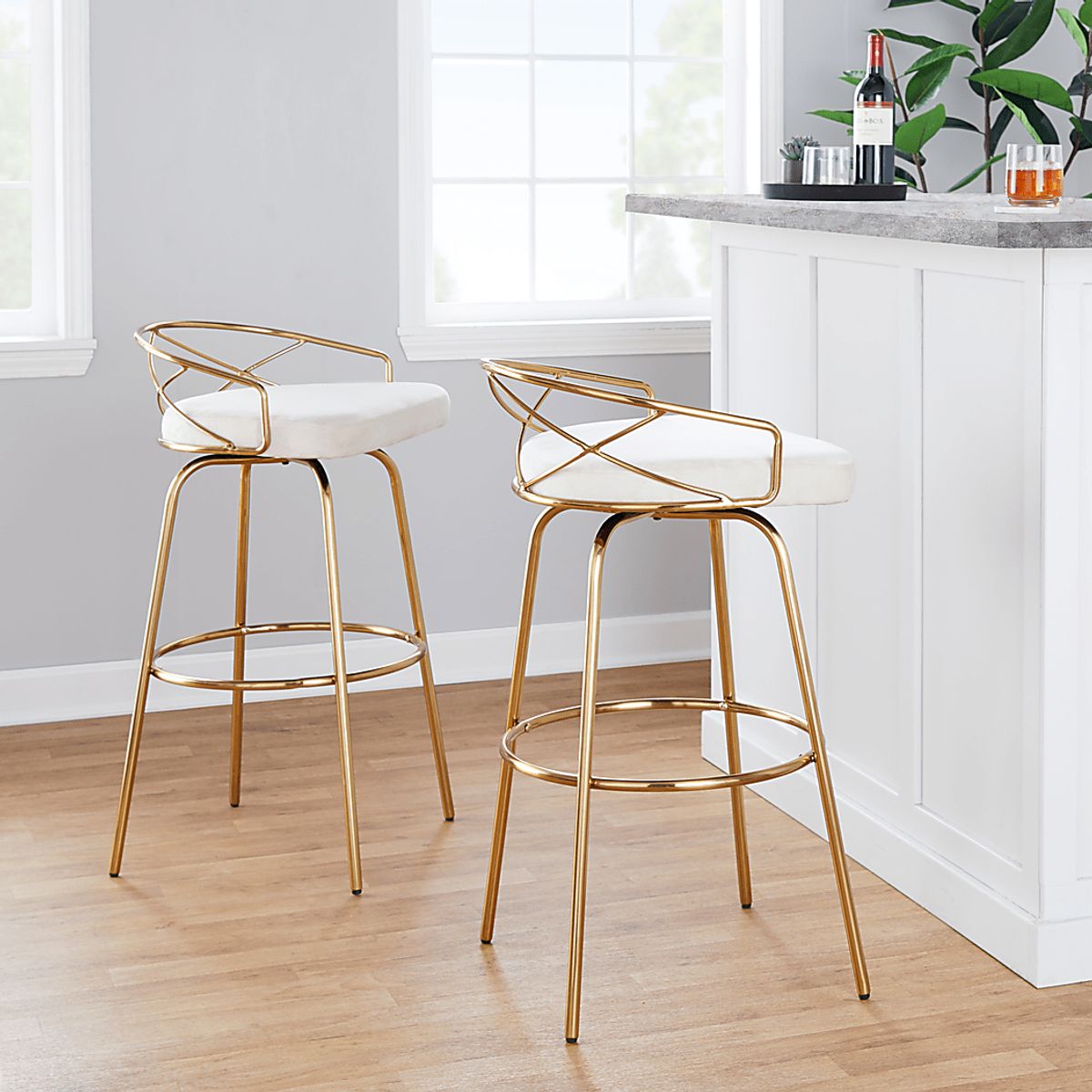 Ravensburg I Gold Colors,Metal Cream Beige Velvet Plush Barstool, Set ...