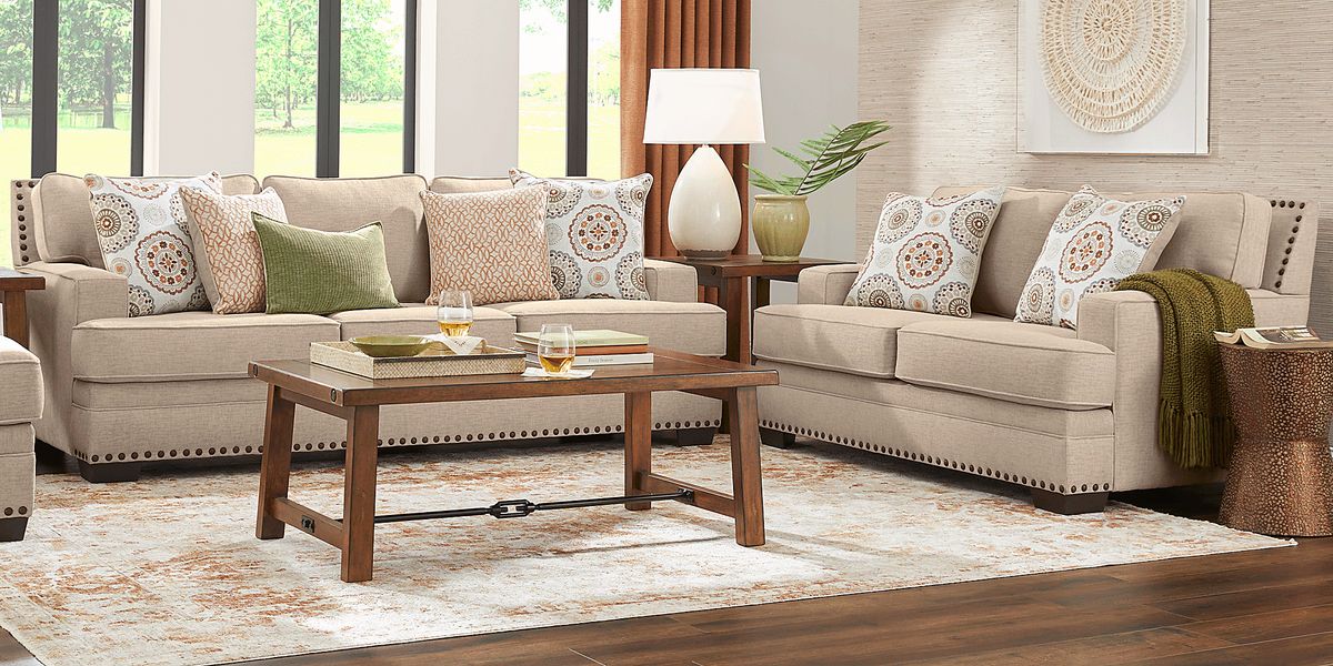 Reno Hills 7 Pc Beige Polyester Fabric Living Room Set - Rooms To Go