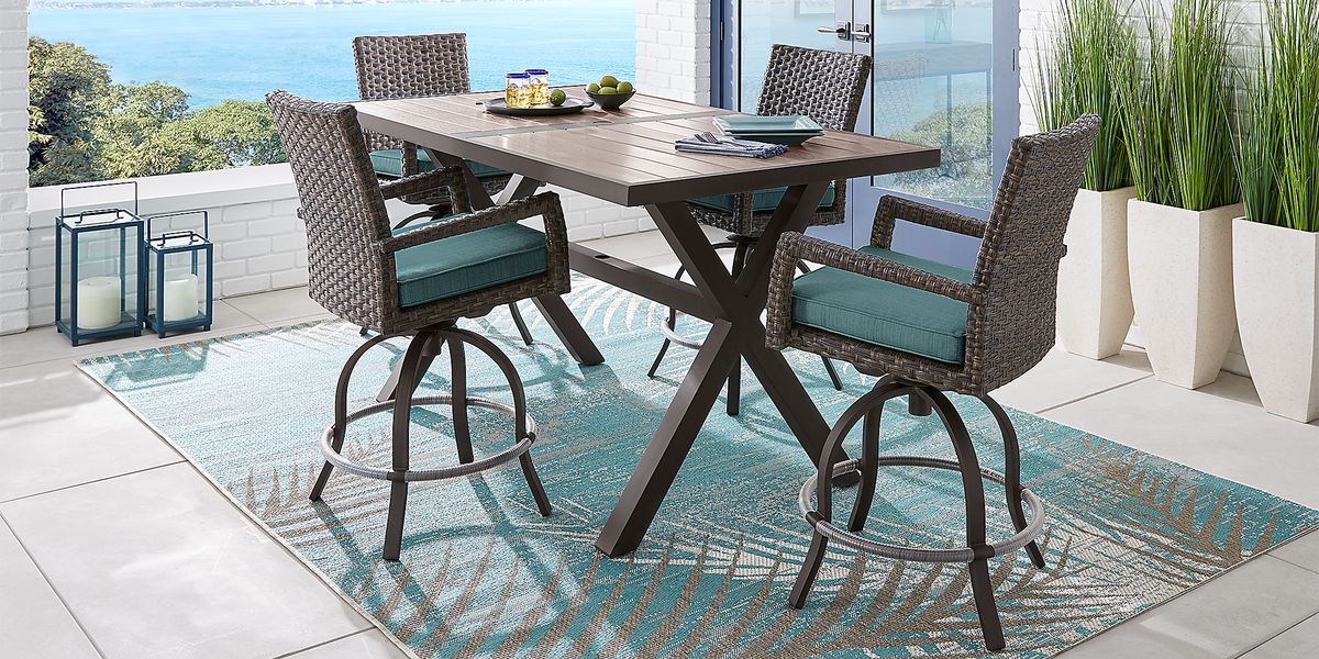 Rialto 5 Pc Brown Dark Wood Aqua Blue Aluminum Outdoor Dining Set ...