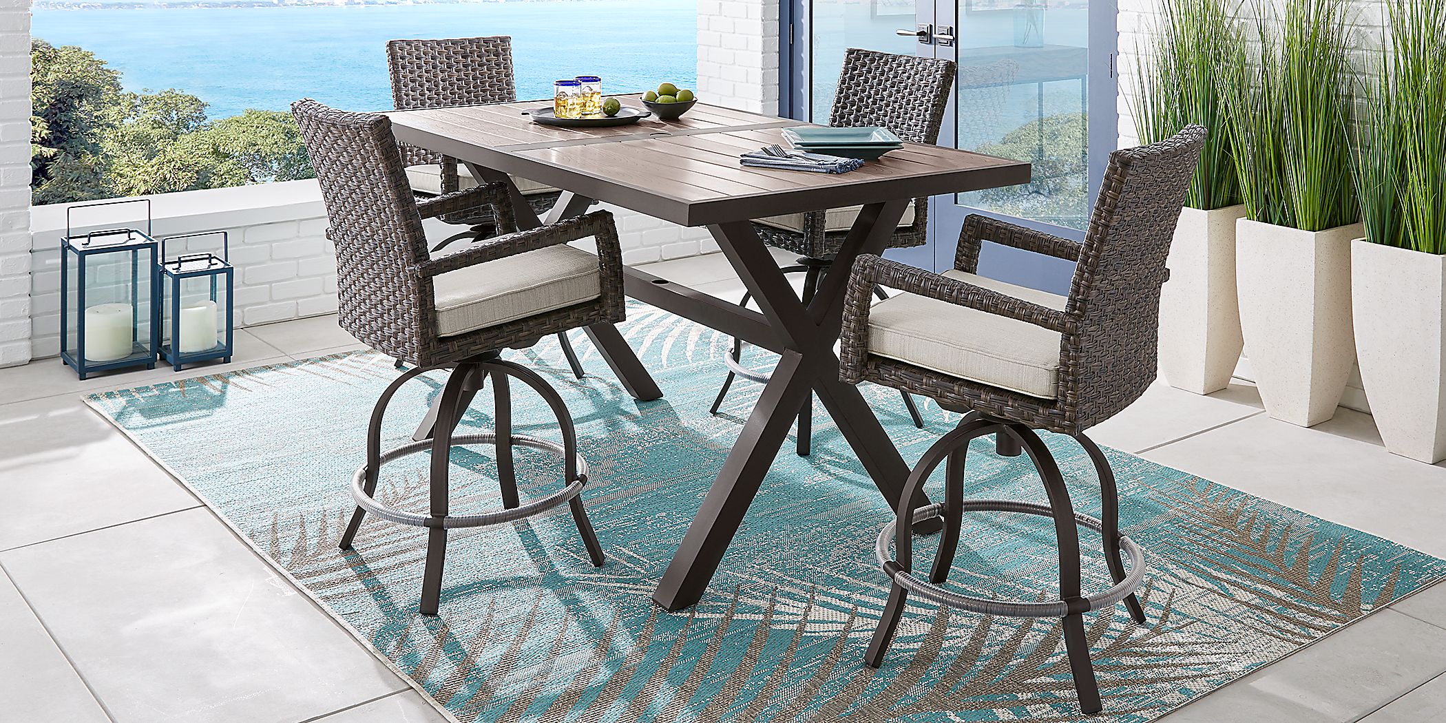 Rialto 5 Pc Brown Dark Wood Putty Beige Aluminum Outdoor Dining Set With Rectangle Bar Table ...