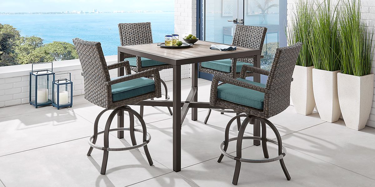 Rialto 5 Pc Brown Dark Wood Aqua Blue Aluminum Outdoor Dining Set ...