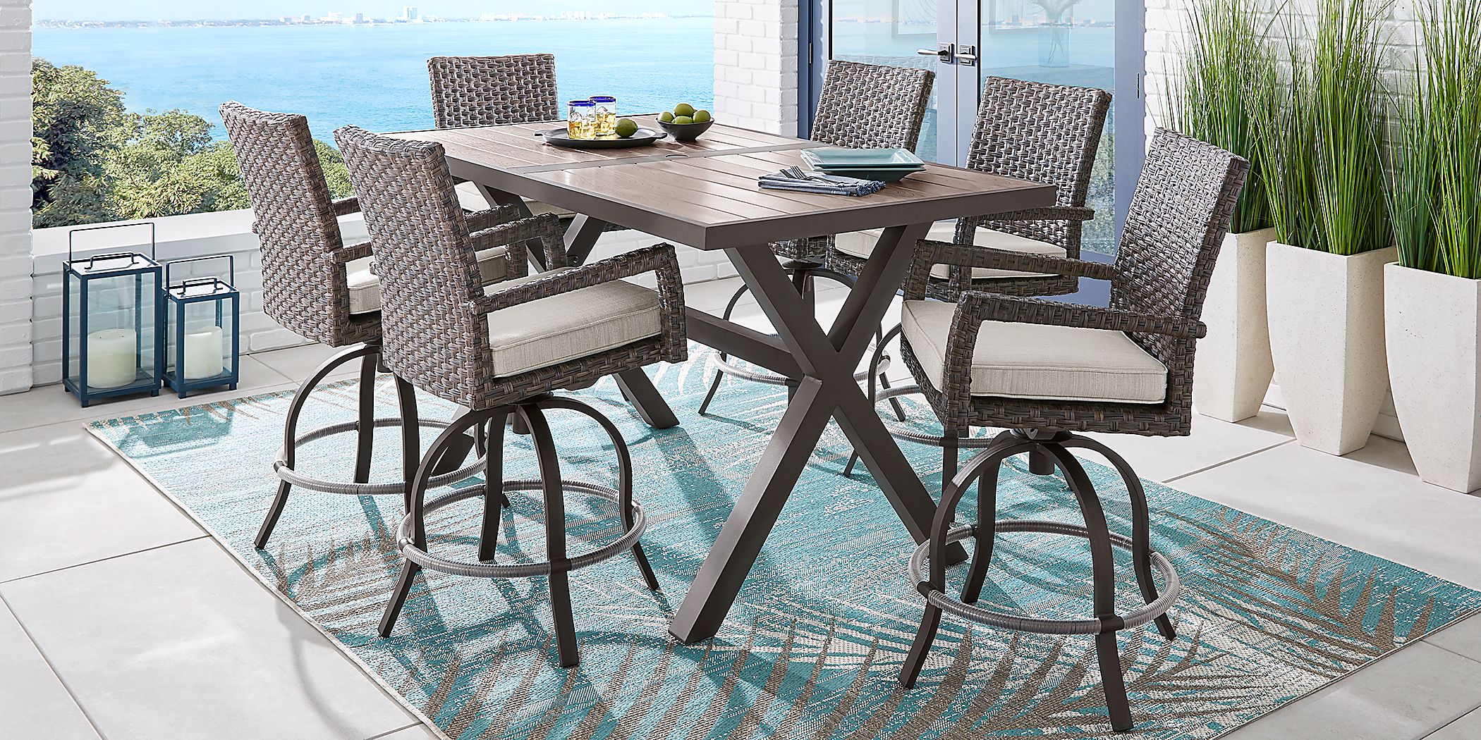 Rialto 7 Pc Brown Dark Wood Putty Beige Aluminum Outdoor Dining Set ...