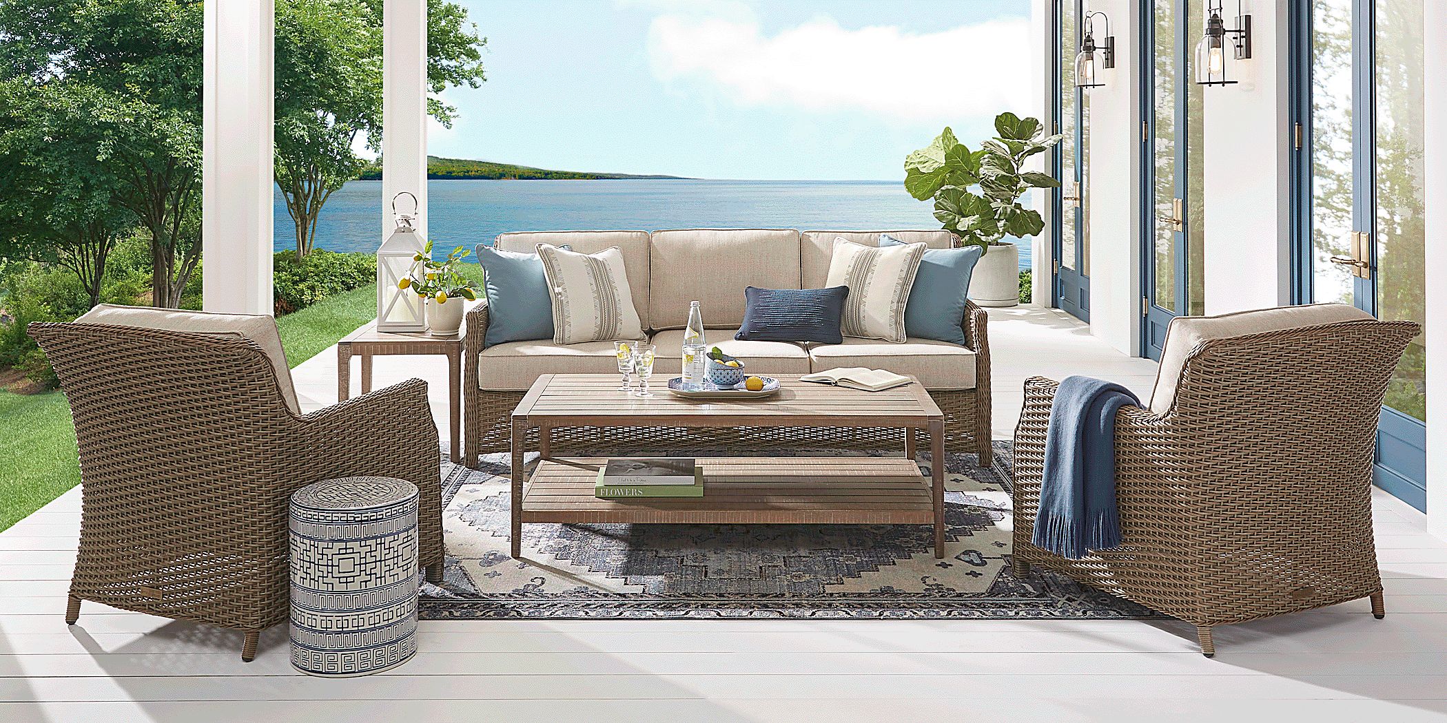 Ridgecrest 4 Pc Gray Pebble Beige Wicker Outdoor Seating Set With Sofa ...